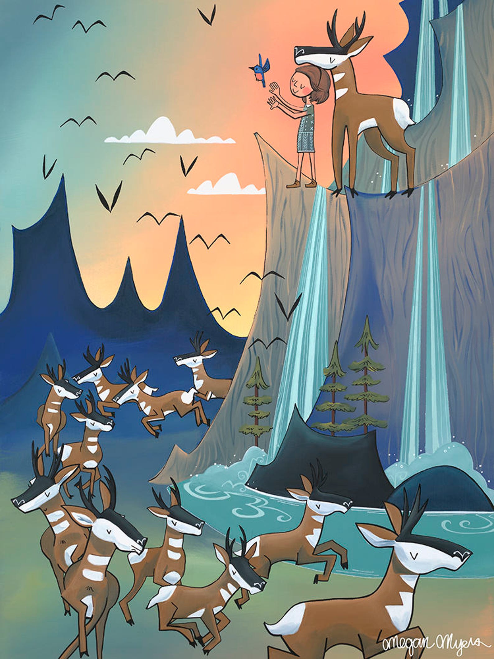 Big Fine Art Print Pronghorn Antelope Herd and Nature Girl | Etsy