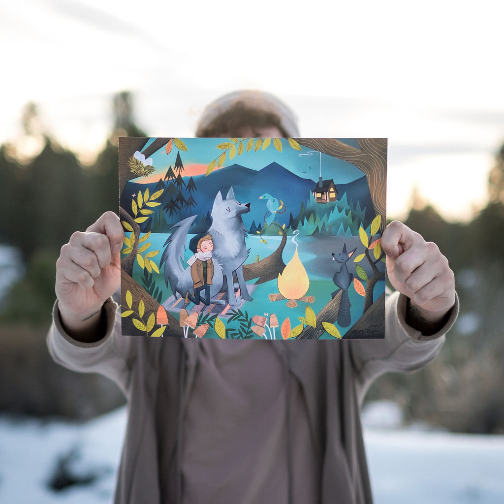 Fine Art Print Bluebird Wolf and Adventure Boy at Campfire - Etsy