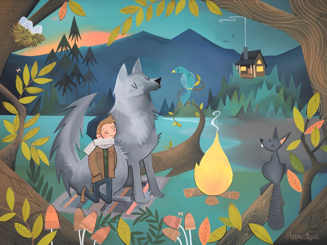 Big Fine Art Print - Bluebird Wolf and Adventure Boy at Campfire ...