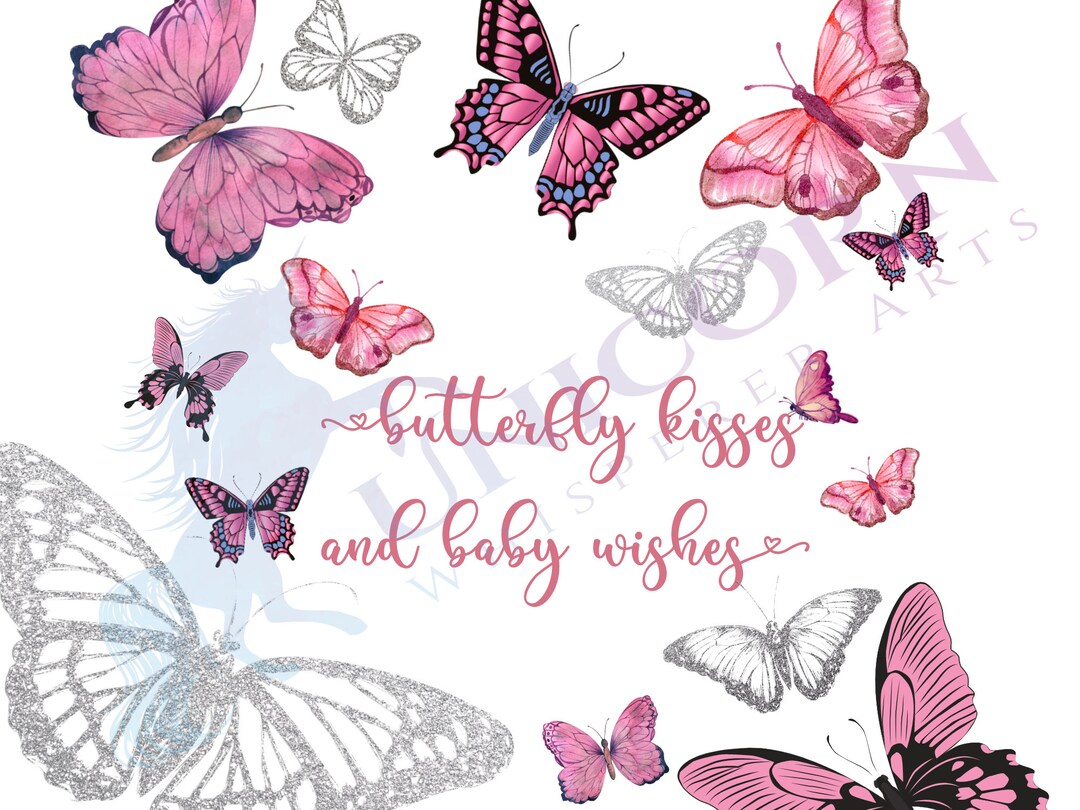 Butterfly Kisses and Baby Wishes Pink Silver Digital Baby Shower Party ...