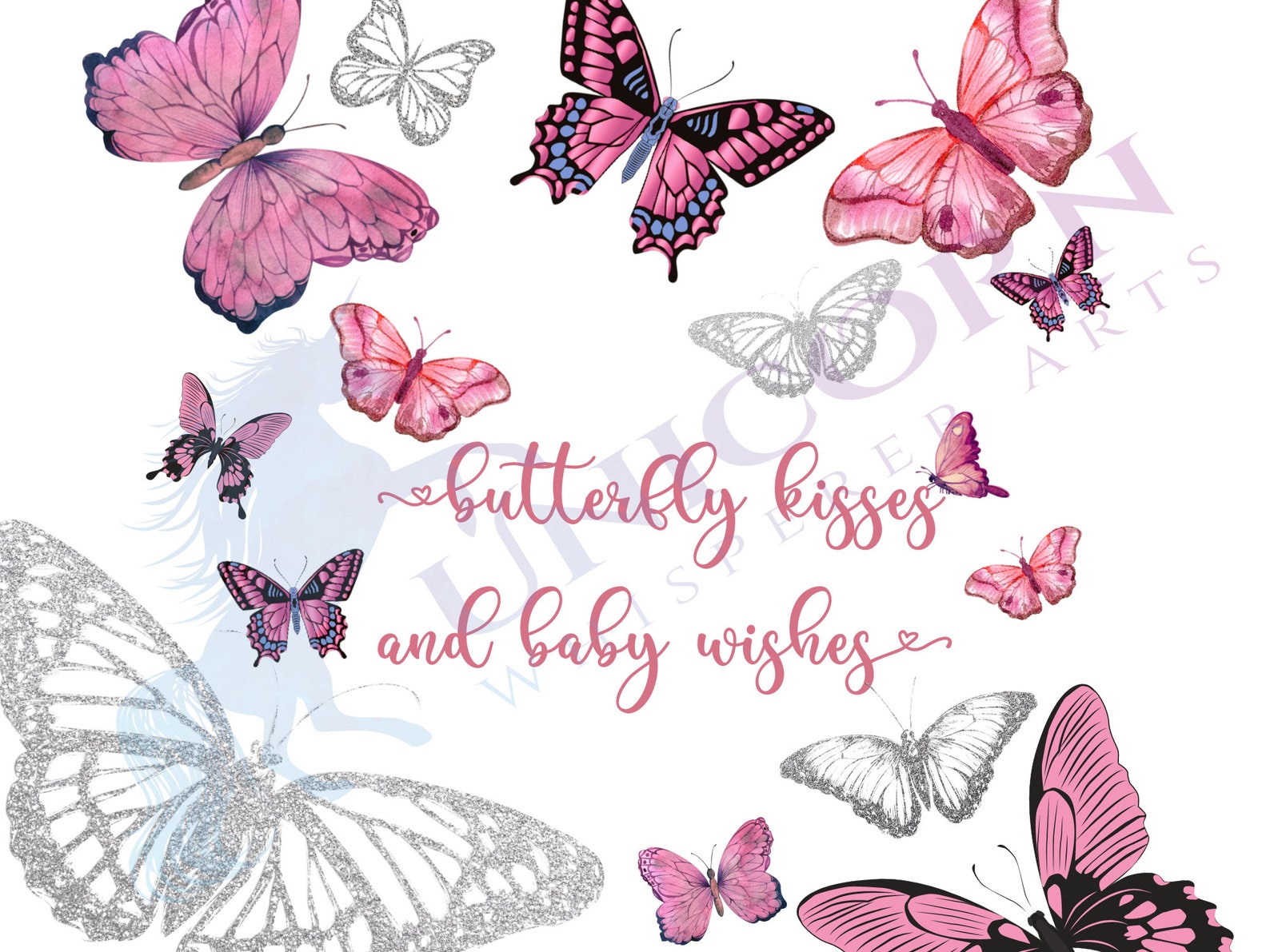 Butterfly Kisses and Baby Wishes Pink Silver Digital Baby Shower Party ...