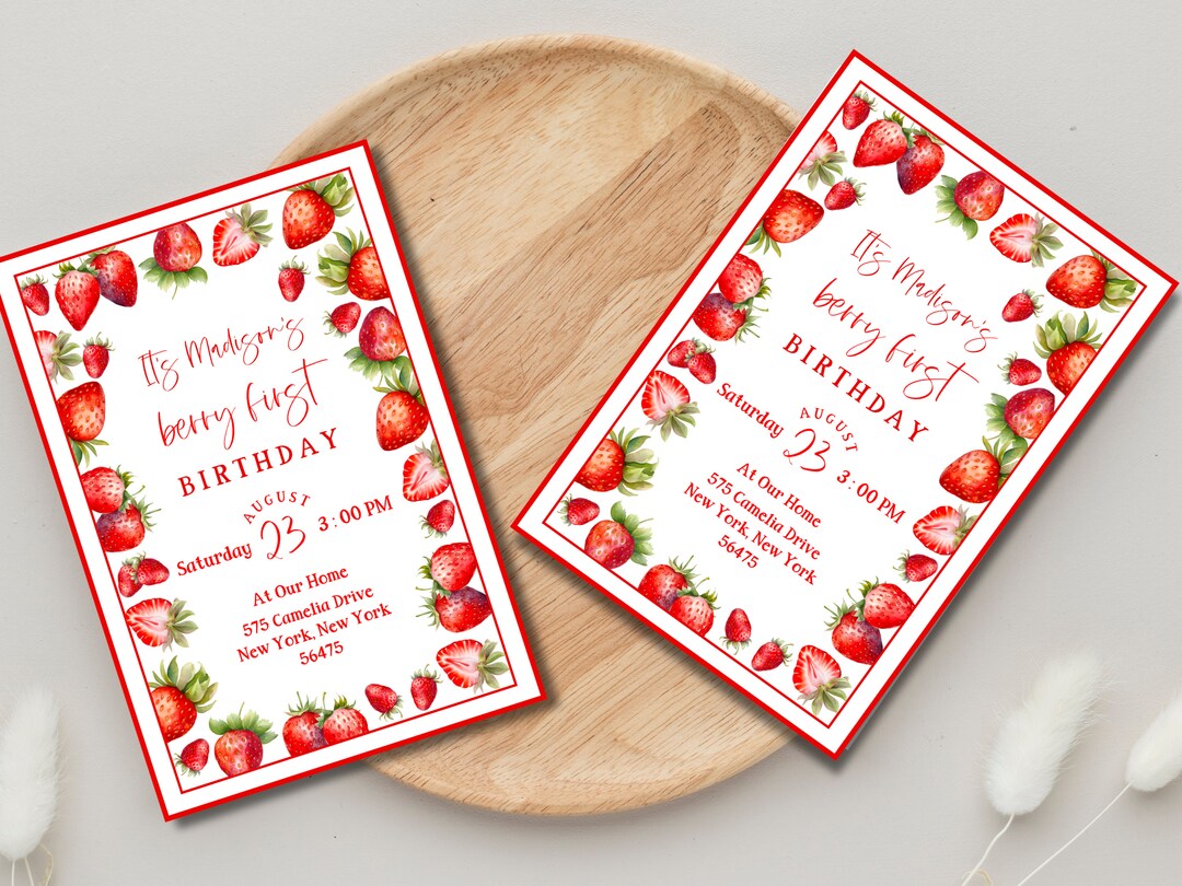 Strawberry First Birthday Printable Invitation Berry First Birthday ...