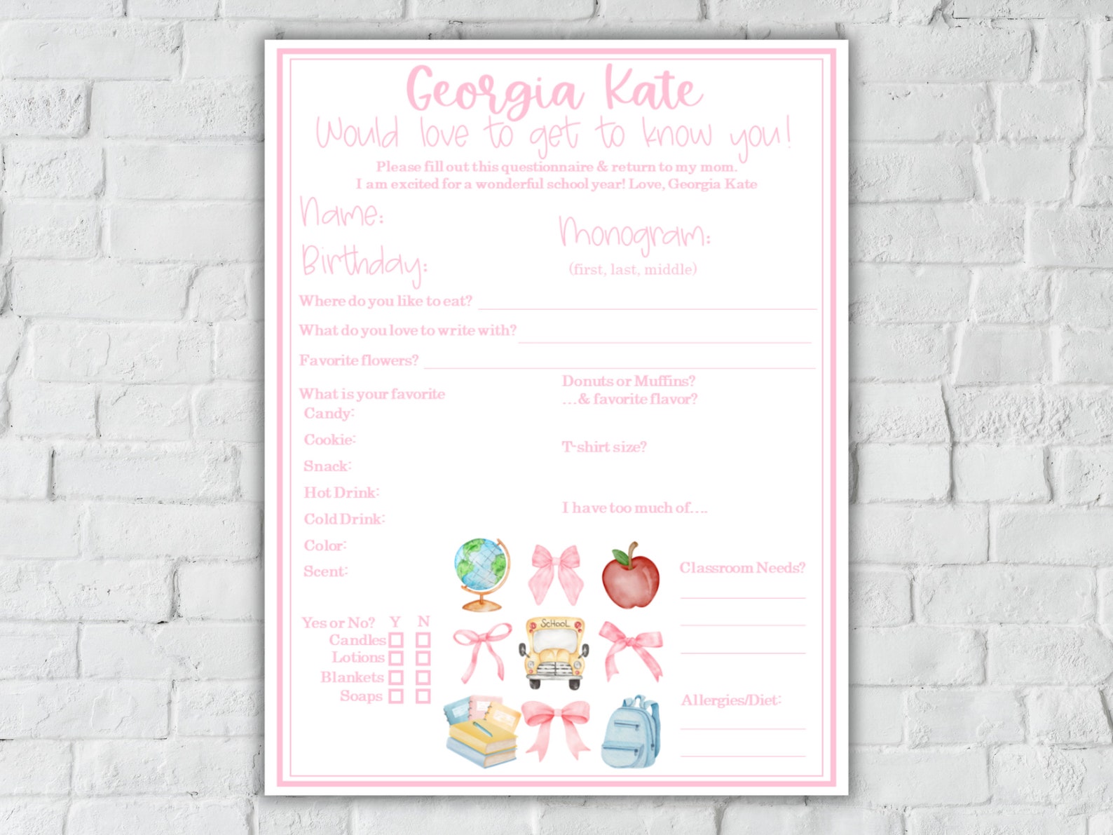 Teacher Survey Printable | Back to School Questionnaire (digital ...