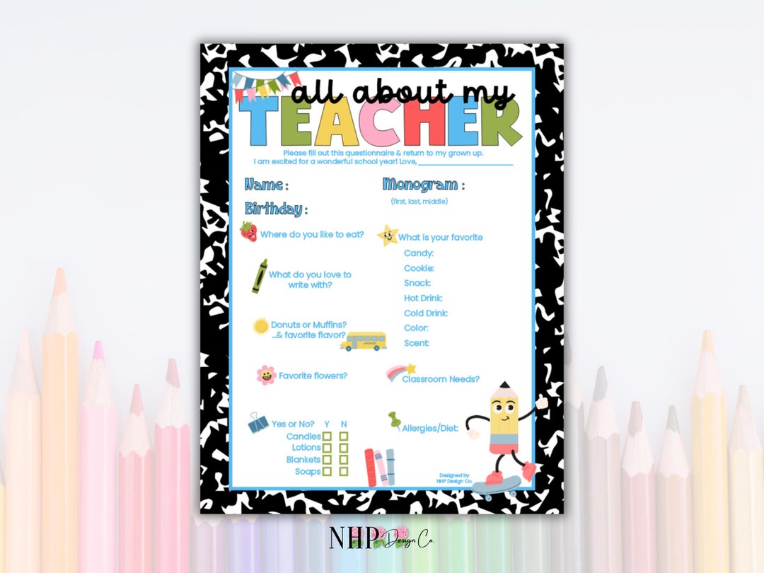 All About My Teacher Survey, Teacher Favorite Things (digital Download ...