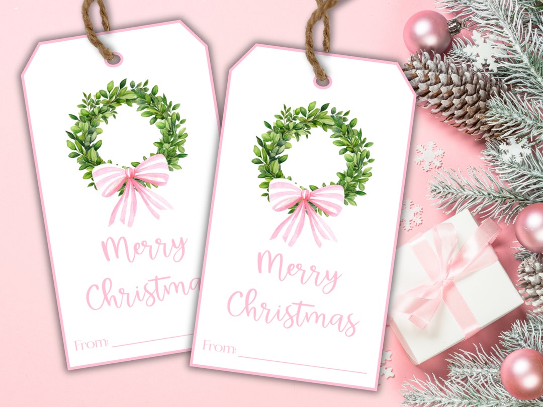 Printable Pink Christmas Wreath Gift Tag Wreath Pink Bow Christmas ...