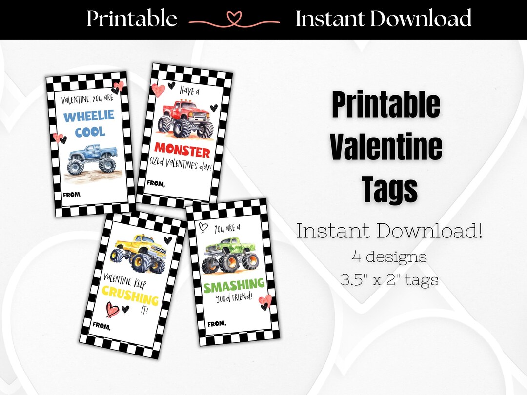 Monster Truck Printable Valentine Tags | Wheelie Cool Classroom ...
