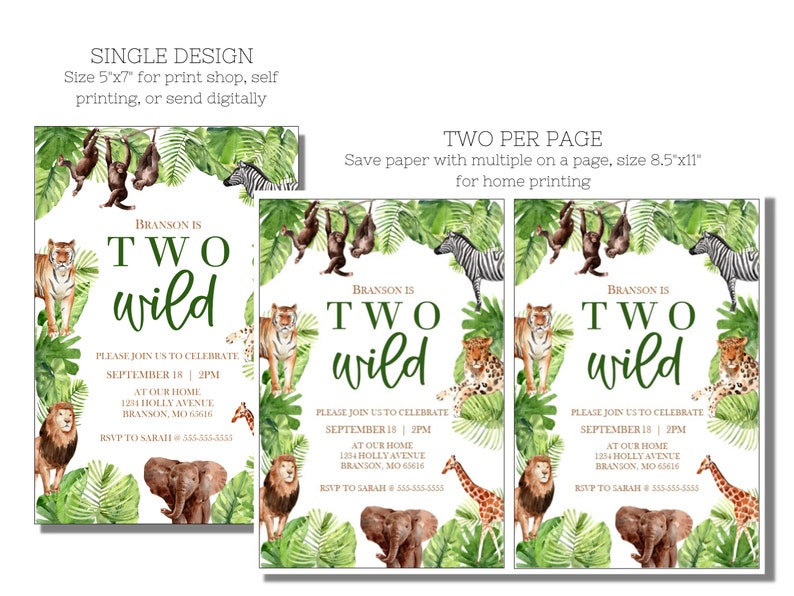 Two Wild Birthday Printable Invitation | 2nd Birthday | Jungle Safari ...