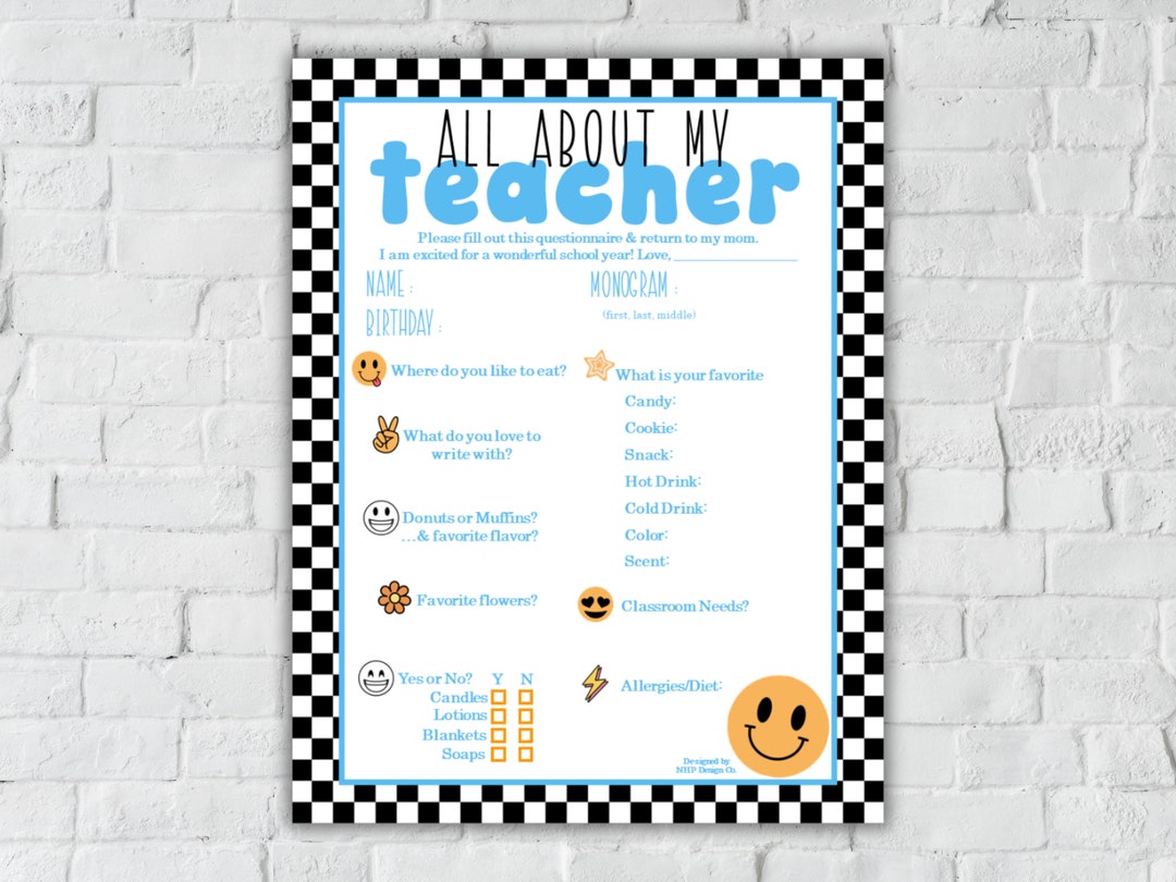 Printable Teacher Questionnaire | All About My Teacher | Retro Black ...