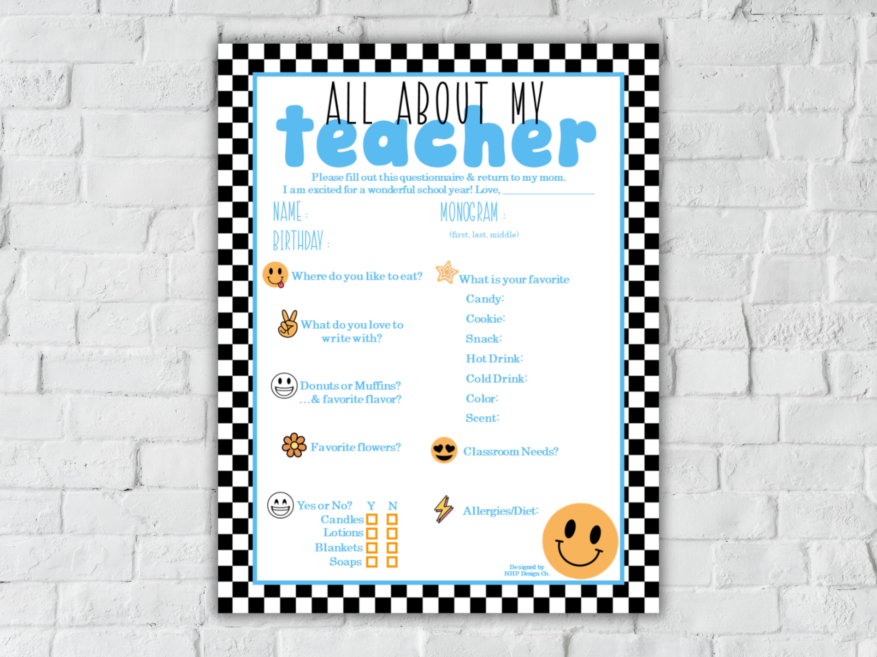 Printable Teacher Questionnaire | All About My Teacher | Retro Black ...