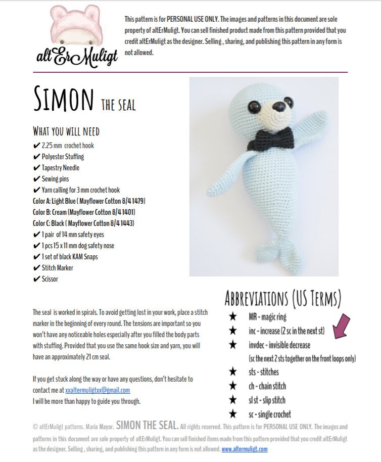 Simon the Seal PDF Pattern by Altermuligt - Etsy