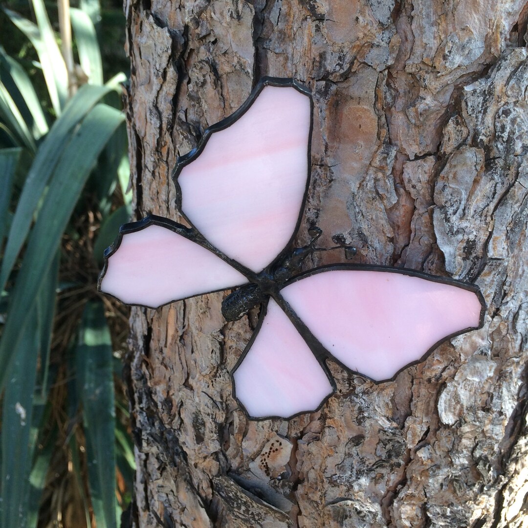 Stained Glass Pink Butterfly, Glass Art Butterfly Garden Decor, Pink ...