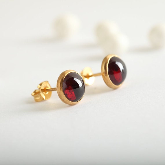 Garnet Earrings, Gold Studs, Cabushon Cut Garnet, Garnet Stud Earrings ...