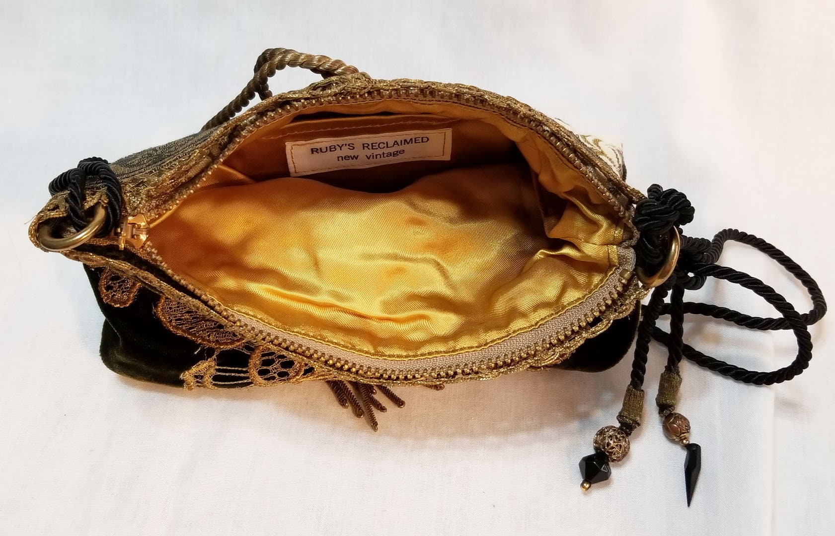 Ruby's Reclaimed Original Deep Green Velvet Zippered Bag With Brass ...
