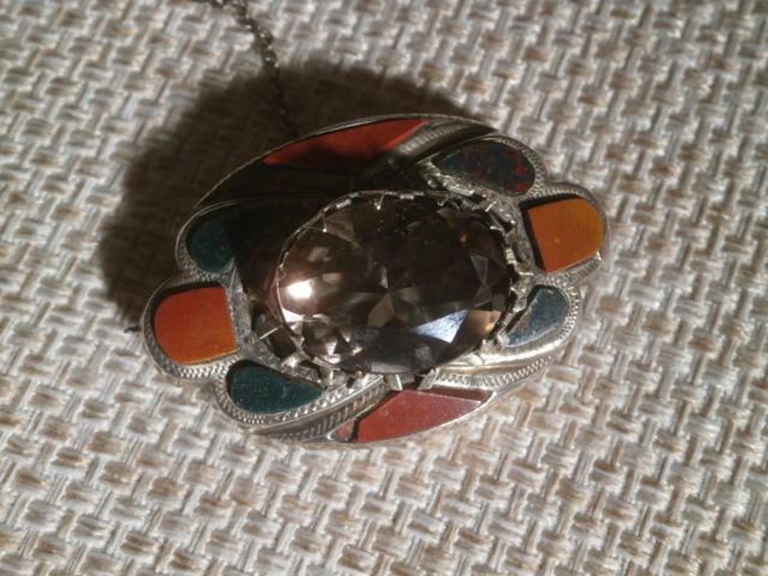 Victorian Scottish Circle Sterling Silver and Natural Stone Brooch - Etsy