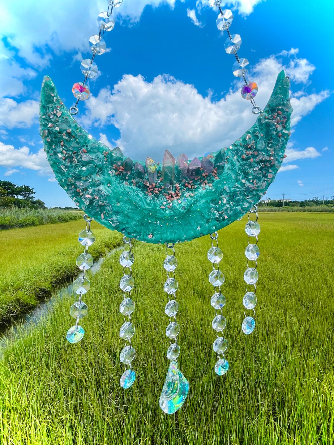 Blue Crescent Moon Crystal Hanging Wall Decor, Pink Crystals ...