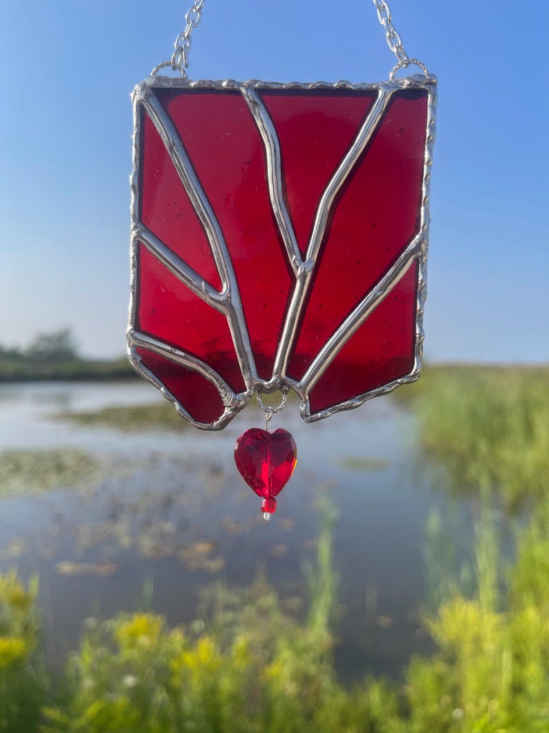 Red Shattered Heart Stained Glass Window Art With Crystal Heart - Etsy
