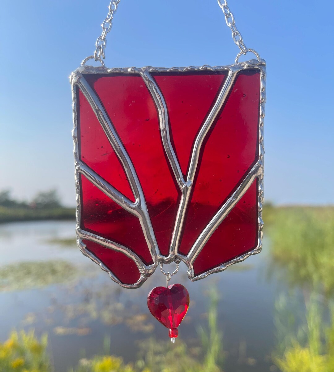 Red Shattered Heart Stained Glass Window Art With Crystal Heart - Etsy