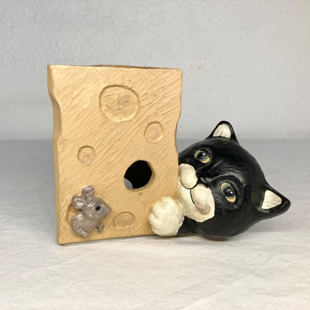 Vintage Cat and Cheese Pencil Holder - Etsy
