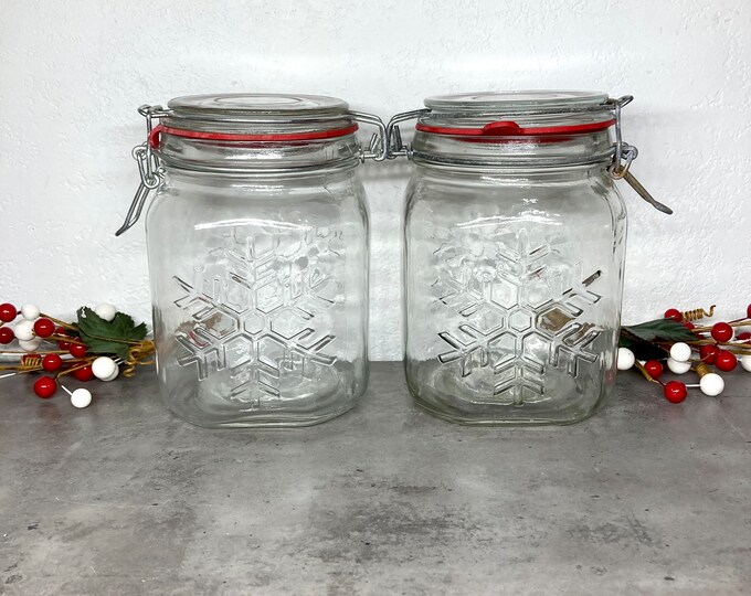 Anchor Hocking Glass Clamp Jar Snowflake Canister Set of 2 - Etsy