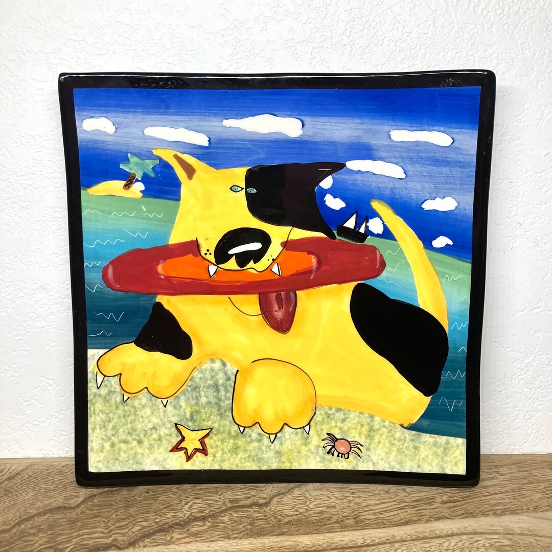 Vintage Mary Naylor Designs Dog With Frisbee Square 9.5" Plate - Etsy