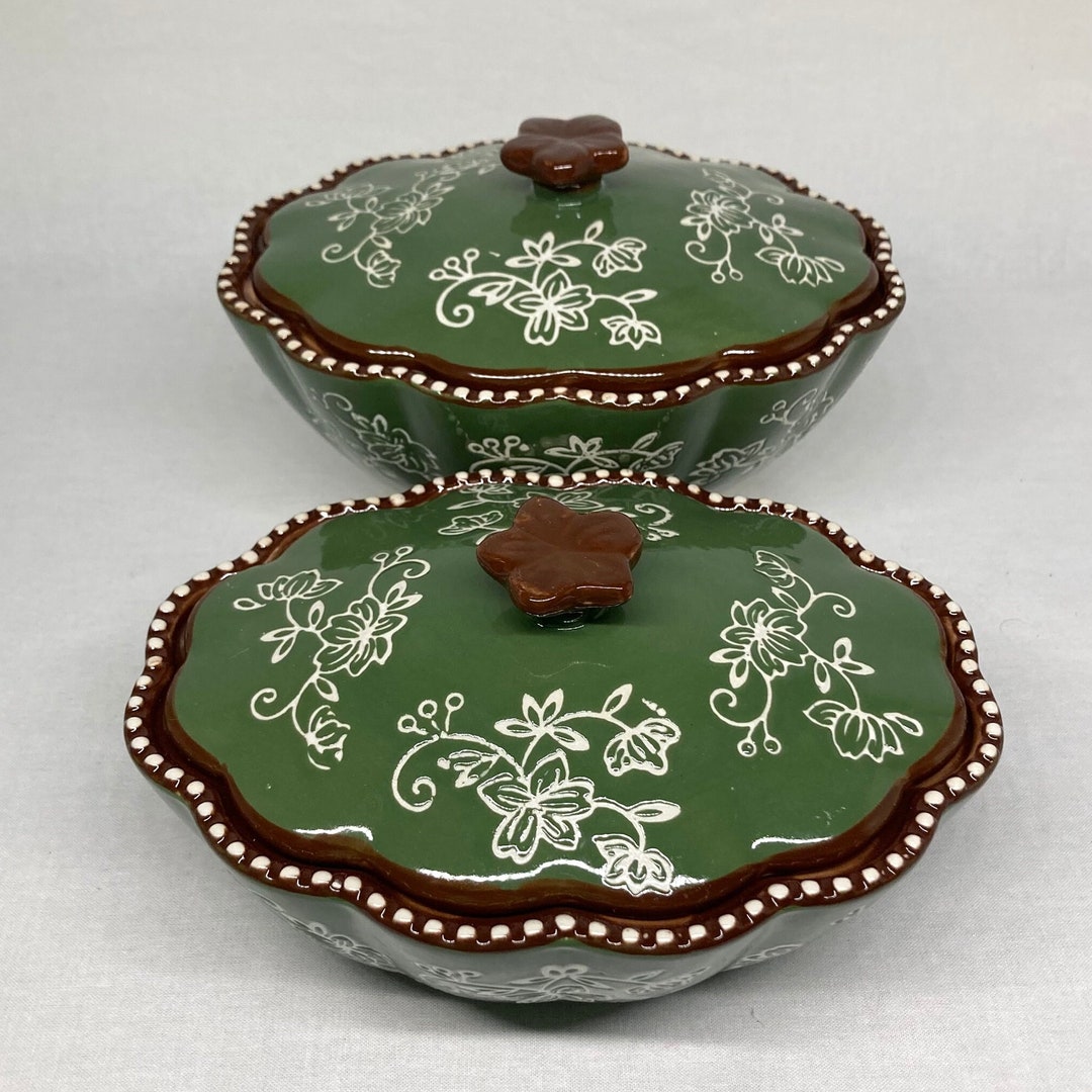 Temp-tations by Tara Green Floral Lace Serving Dish 16 Oz With Lid Set ...