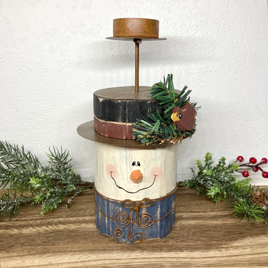 Rustic Primitive Wooden Snowman Candleholder - Etsy
