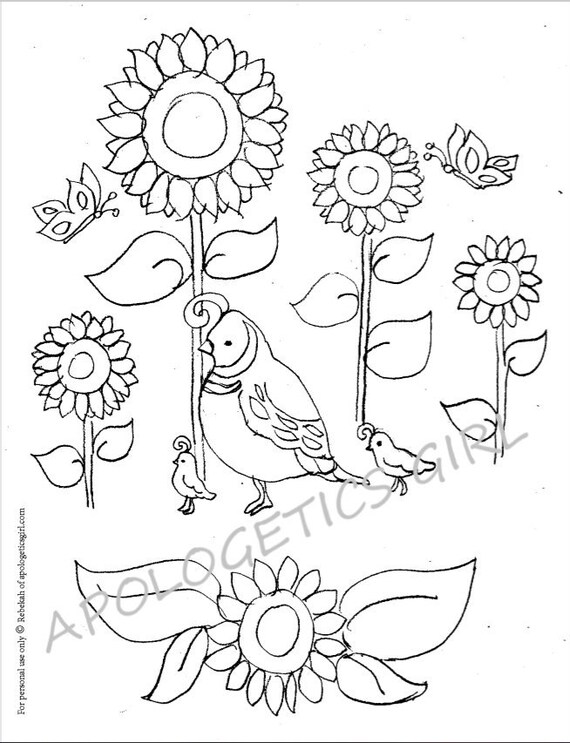 Printable Coloring Page Whimsical Quail Sunflower | Etsy
