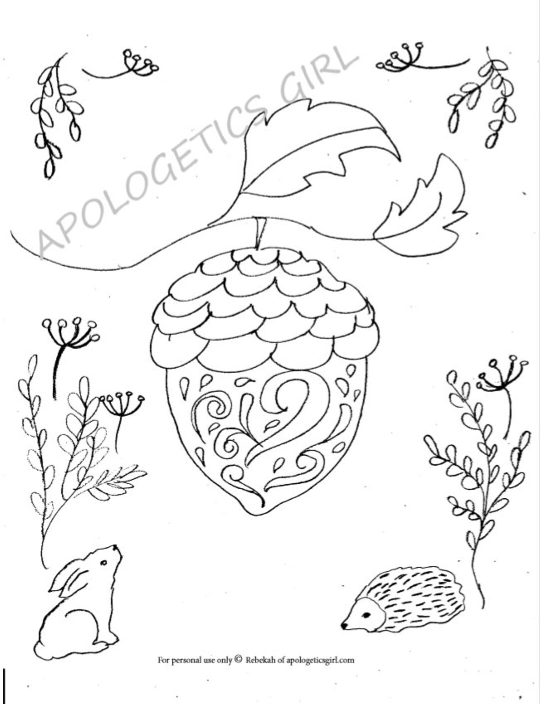 Printable Coloring Page! Whimsical Acorn, Autumn Fall Thanksgiving ...