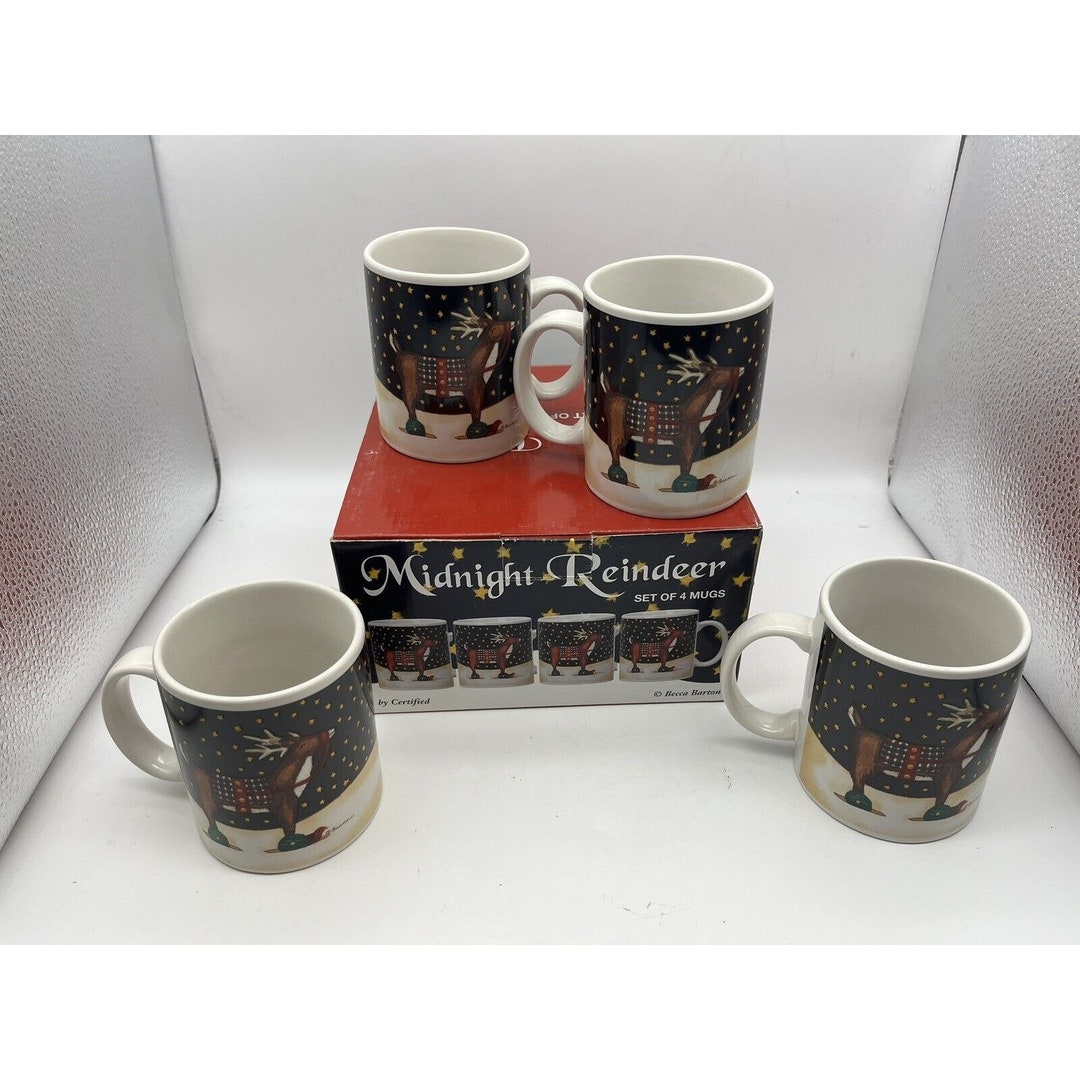 Becca Barton Midnight Reindeer 4 Mugs Certified Rare Folk Art Christmas ...