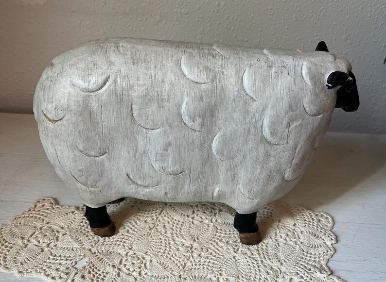 Folk Art Sculptured Lamb Sheep, Black White, 11 Long 7 Tall, Small Chip ...