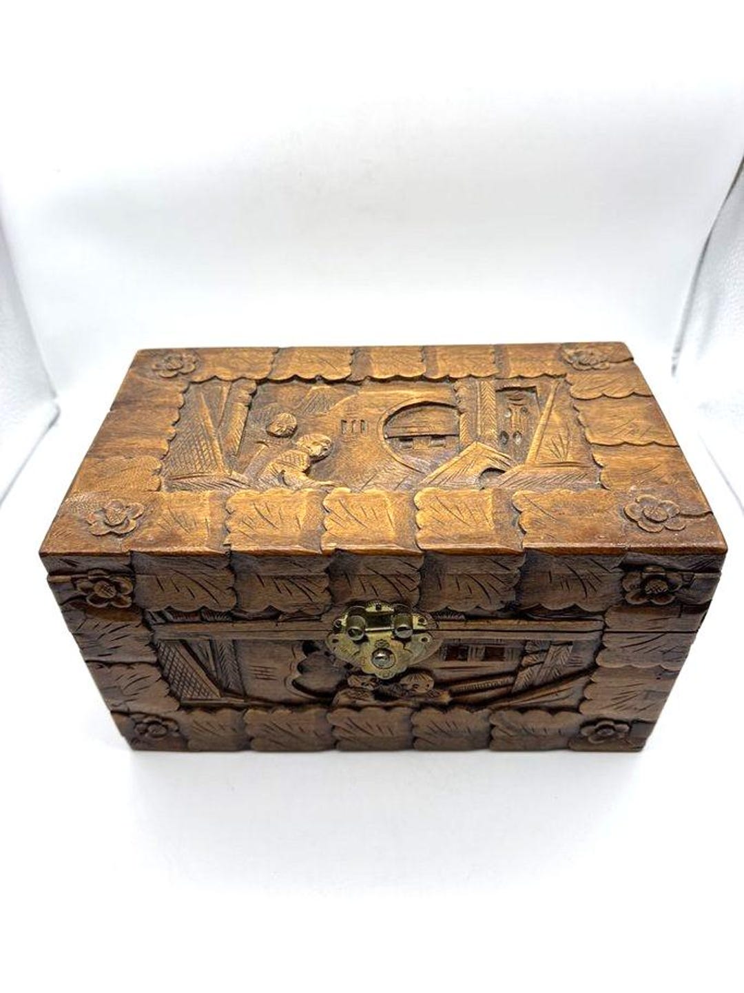 Vintage Japanese Hand Carved Wood Box 10 Long 6 Long 5 1/2 Tall Asian ...