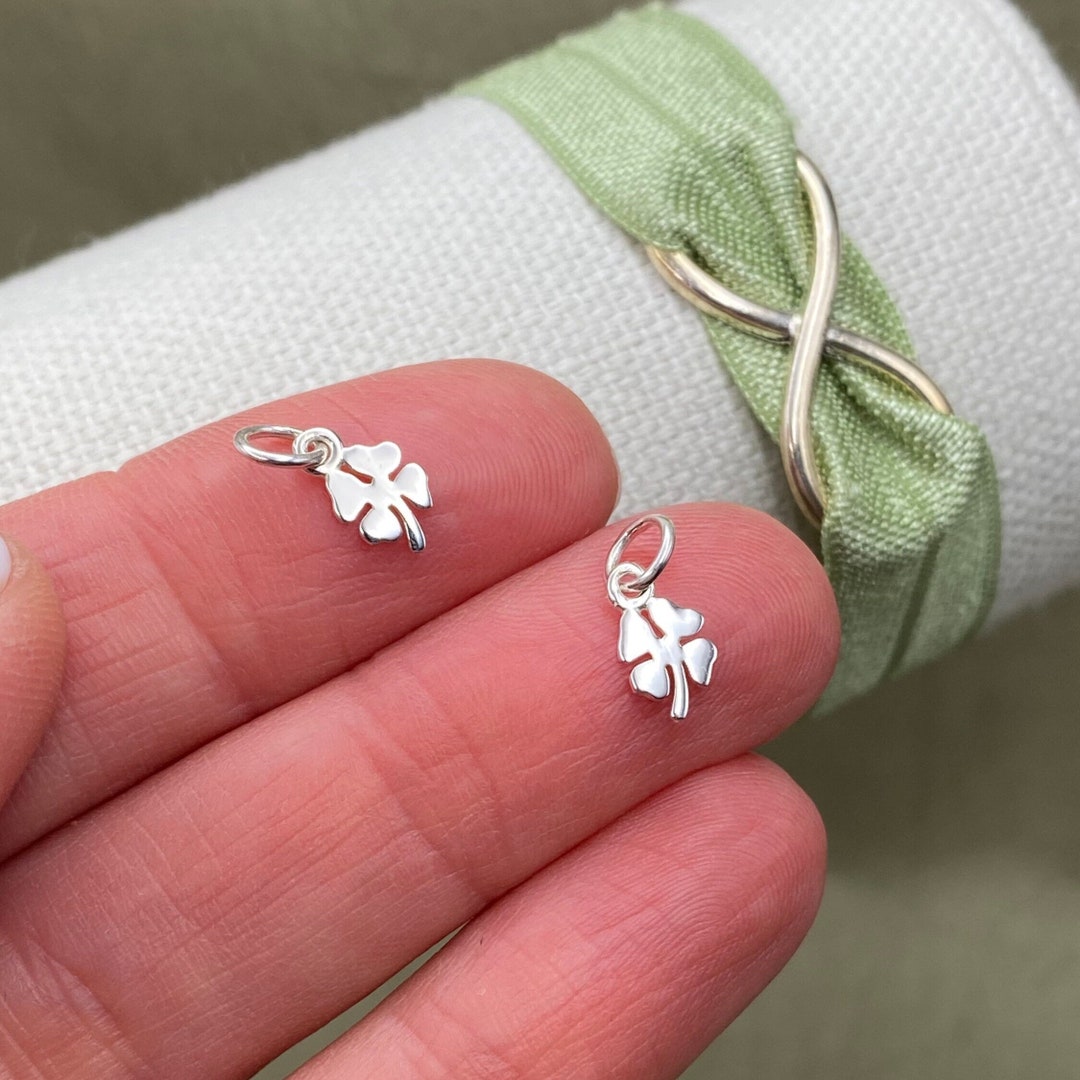 Set of 2 X 925 Sterling Silver Tiny Shamrock Charms 4 Leaf Clover Drop ...