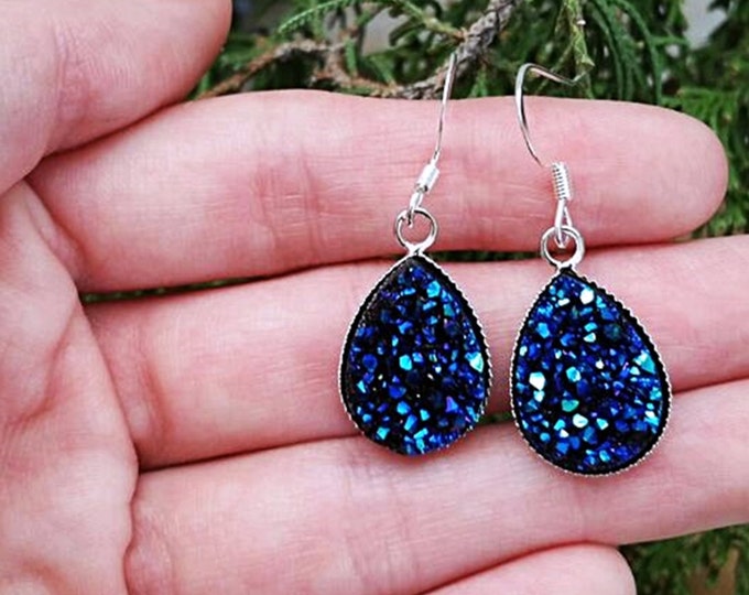 Cobalt Blue Druzy Leverback Earrings Glitter Quartz Geodes, Antique ...