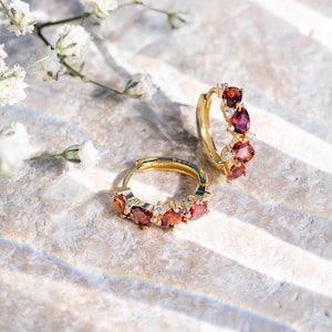 Garnet Hoop Earrings, Natural Red Garnet Multi-stone Hoops in Silver ...