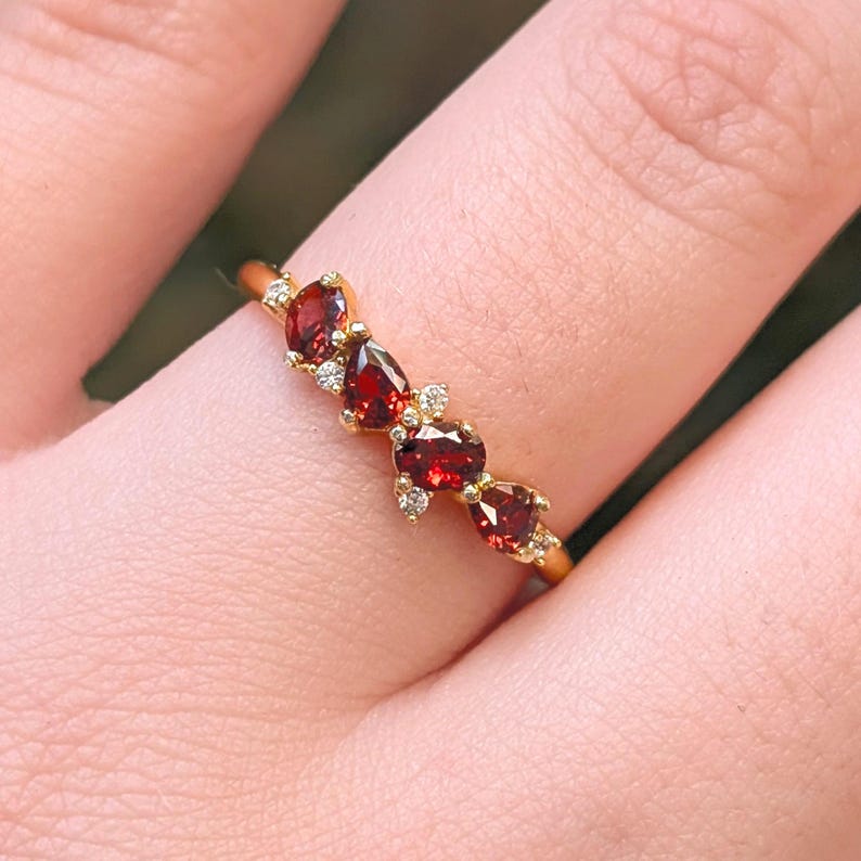Garnet Cluster Band, 4 Stone Deep Red Garnet Ring in Silver, Yellow ...