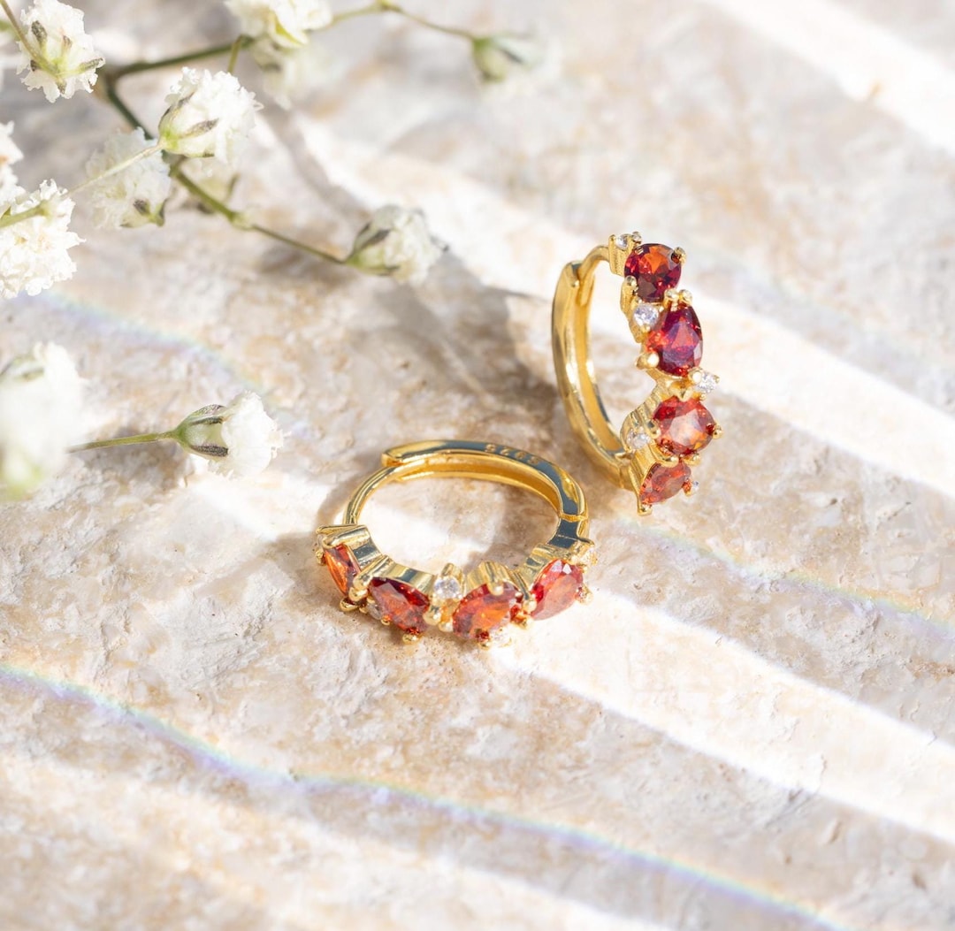 Garnet Hoop Earrings, Cluster Hoop Garnet Earrings in Yellow Gold ...