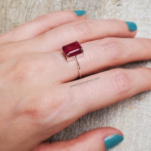 Emerald Cut Ruby Ring, Raw Ruby Ring in Sterling Silver, Ruby Engagement Ring, Ruby Rectangle ...