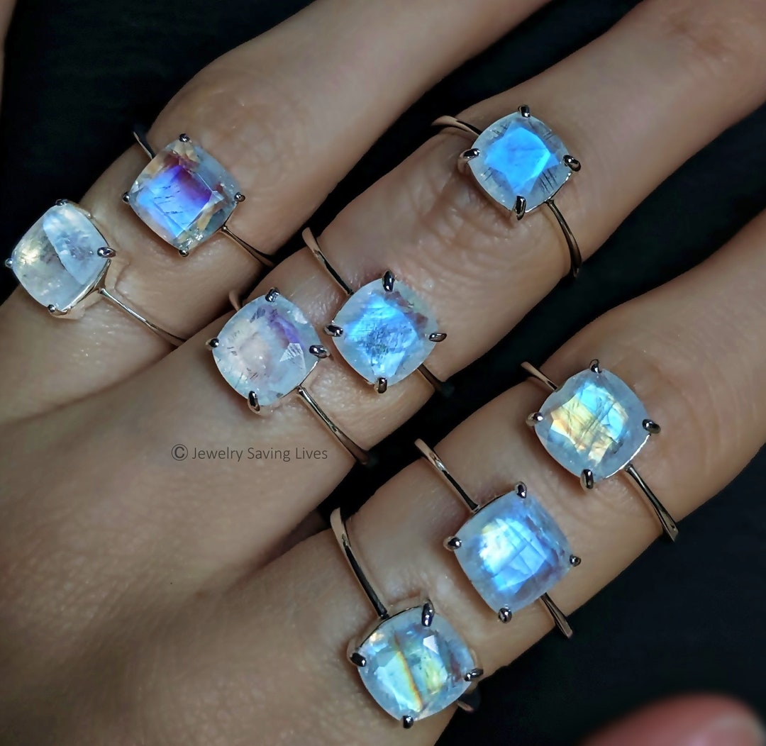 Rainbow Moonstone Stacking Ring, Square Moonstone Stacking Ring, Blue & White Moonstone Ring ...