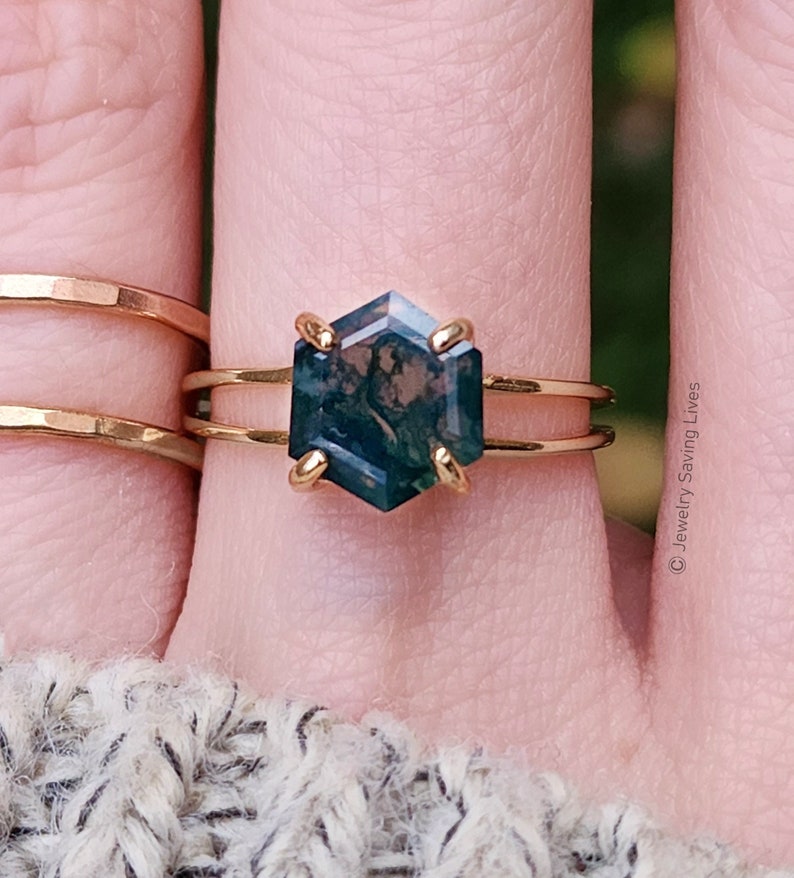 AA Hexagon Moss Agate Ring Hexagon Dark Green Gemstone Ring - Etsy
