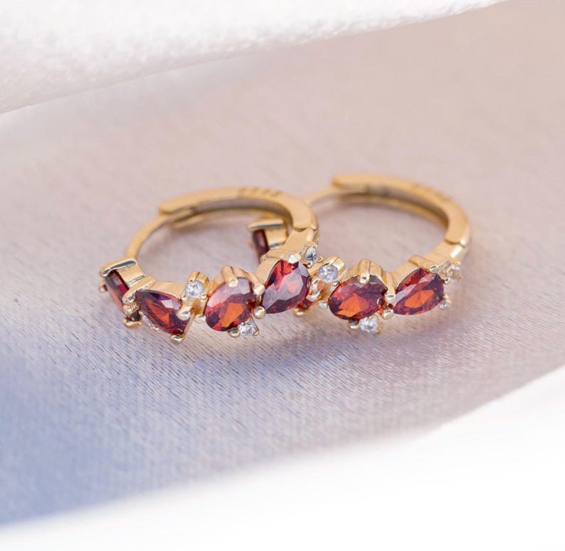 Garnet Hoop Earrings, Natural Red Garnet Multi-stone Hoops in Silver ...