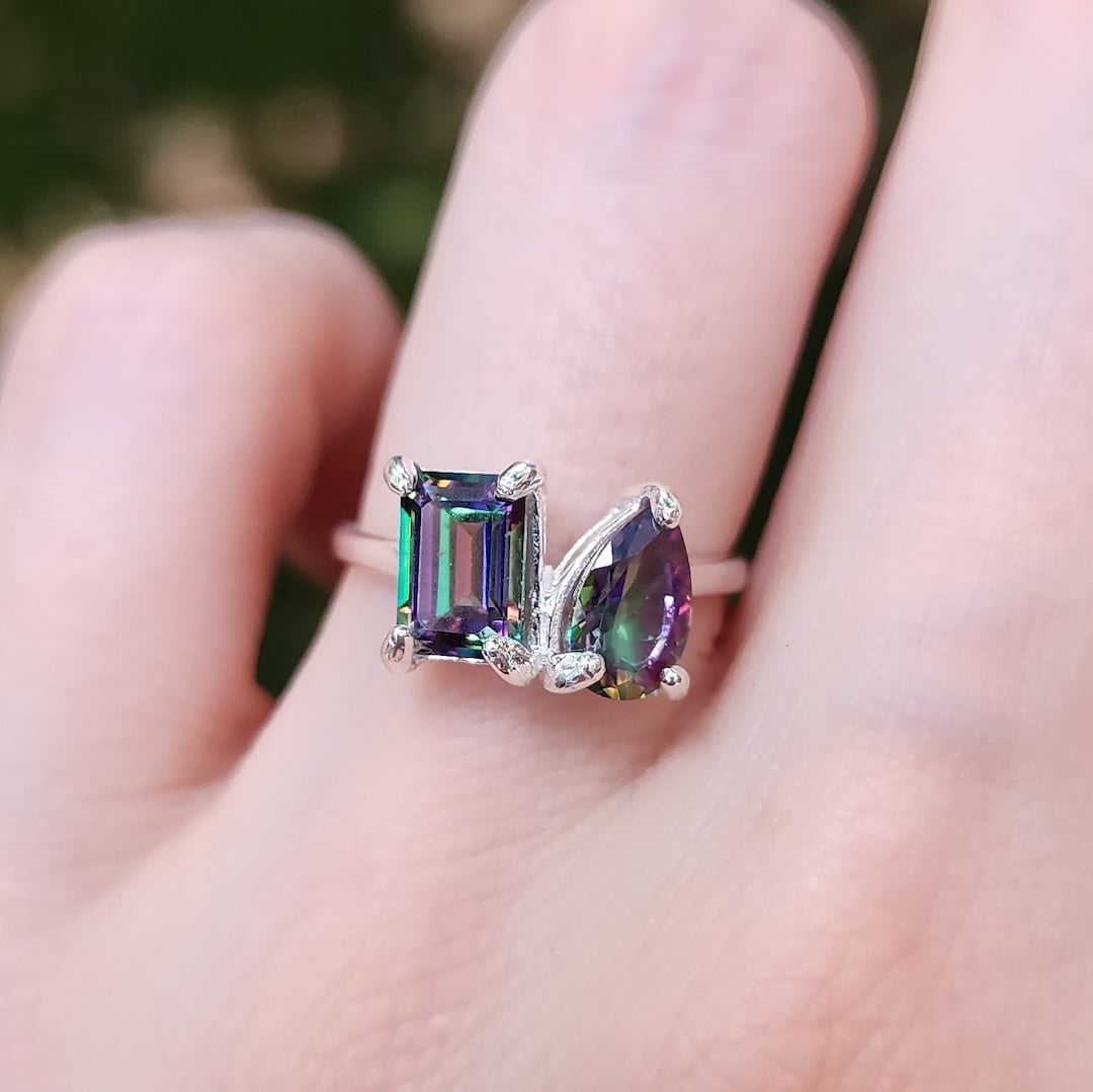 Alexandrite Ring, Two Stone Ring Emerald Cut Alexandrite and Pear ...