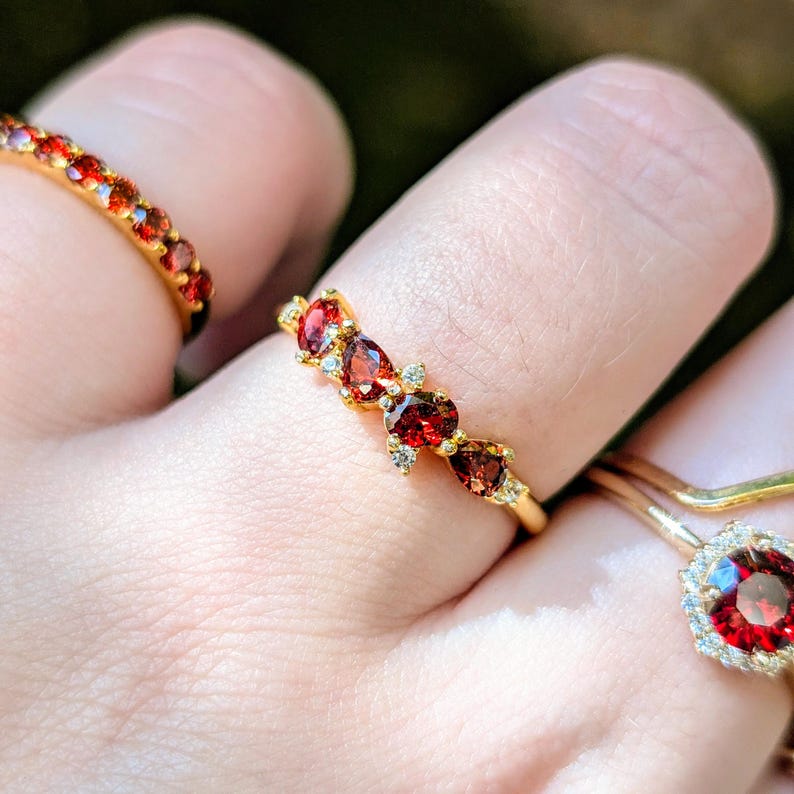 Garnet Cluster Band, 4 Stone Deep Red Garnet Ring in Silver, Yellow ...