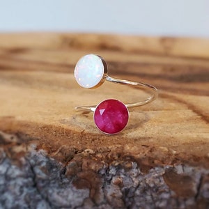 Ruby and Opal Ring, Raw Ruby and Fire Opal, Silver Double Stone Ring ...