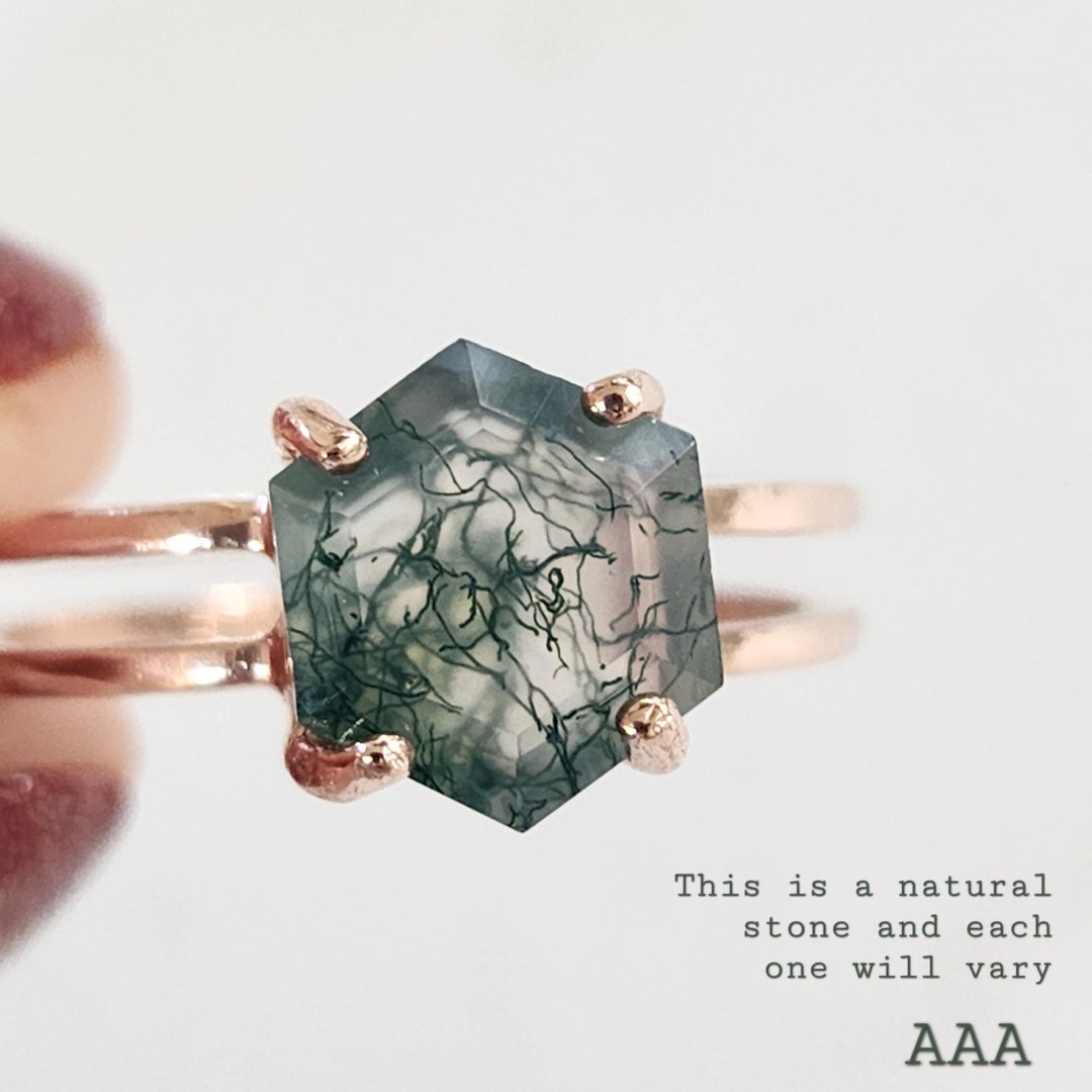 Hexagon Moss Agate Ring for Daily Wear, Green Moss Agate Nature Ring ...