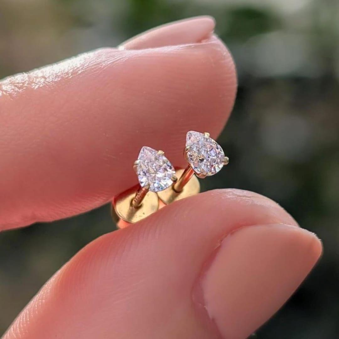 Teardrop Diamond Earrings, Clear 3x4mm .15 Ct Tiny Studs in Flatback ...