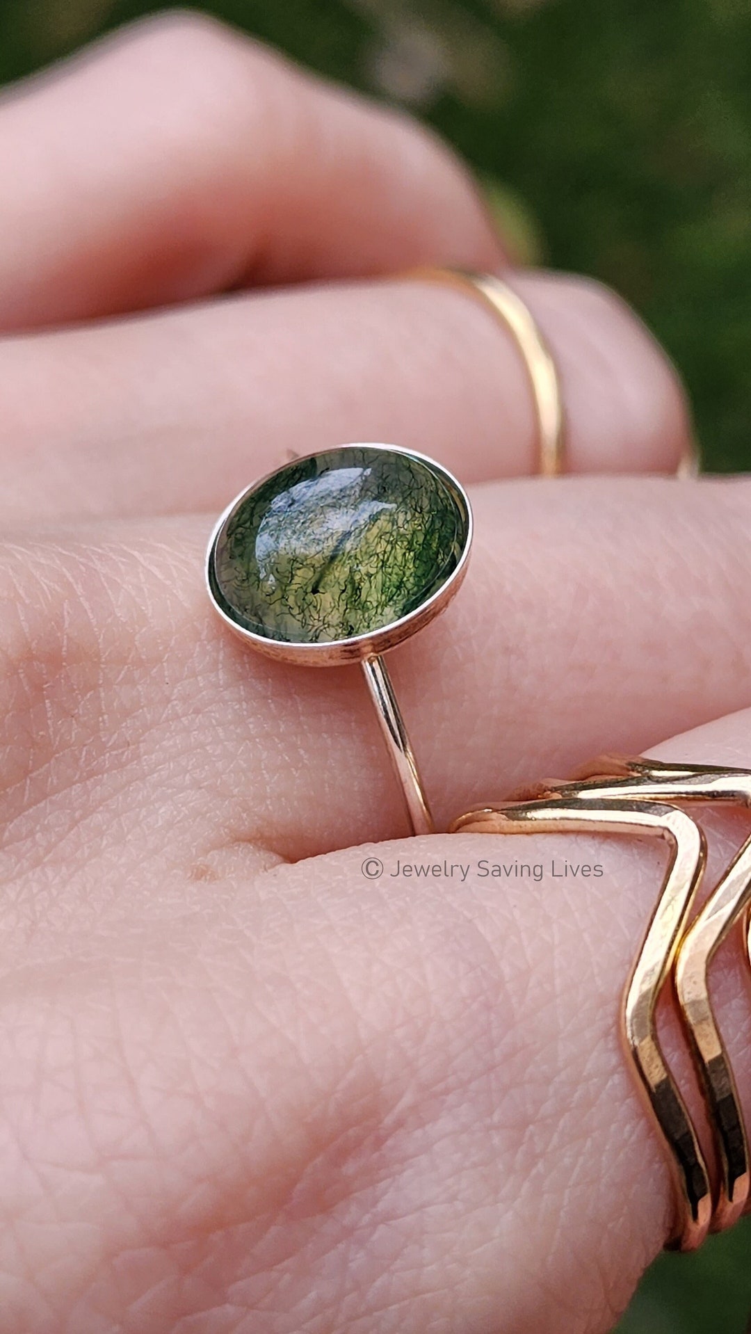 Moss Agate Ring, Oval Cab Green Moss Agate Ring for Women, 8x10 3 Ct ...