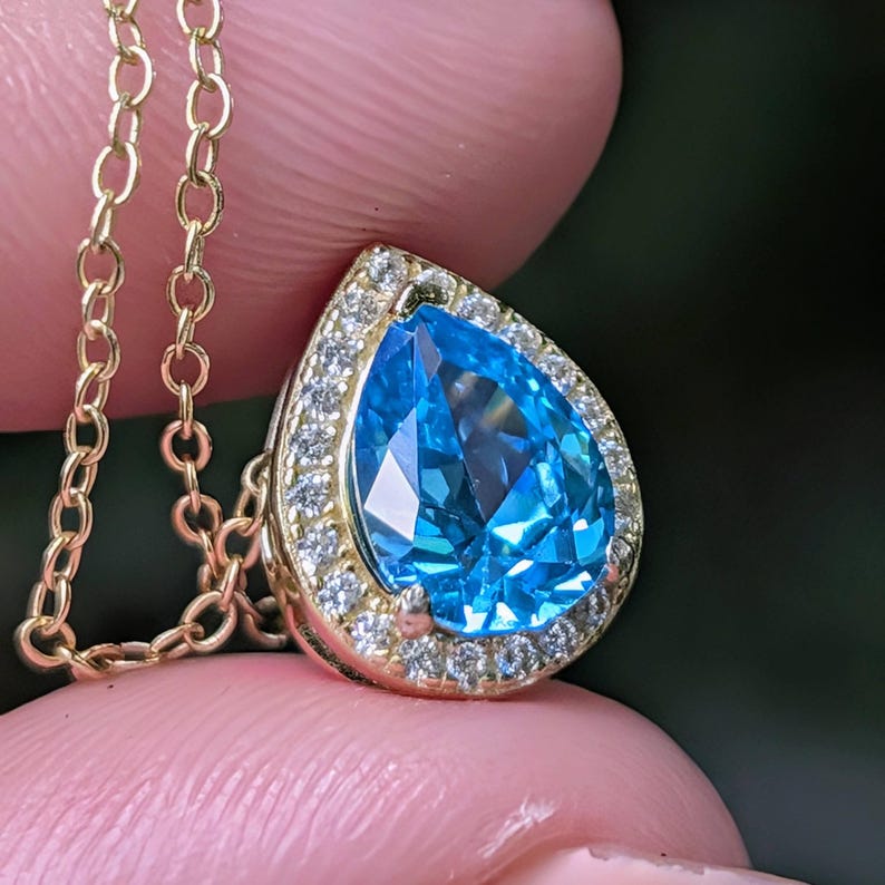 Floating Vintage Teardrop Blue Topaz Halo Pendant Necklace, Blue Topaz ...