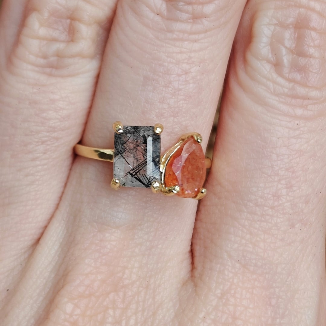 Halloween Fall Ring, Two Stone Ring Sunstone and Black Rutilated Quartz ...
