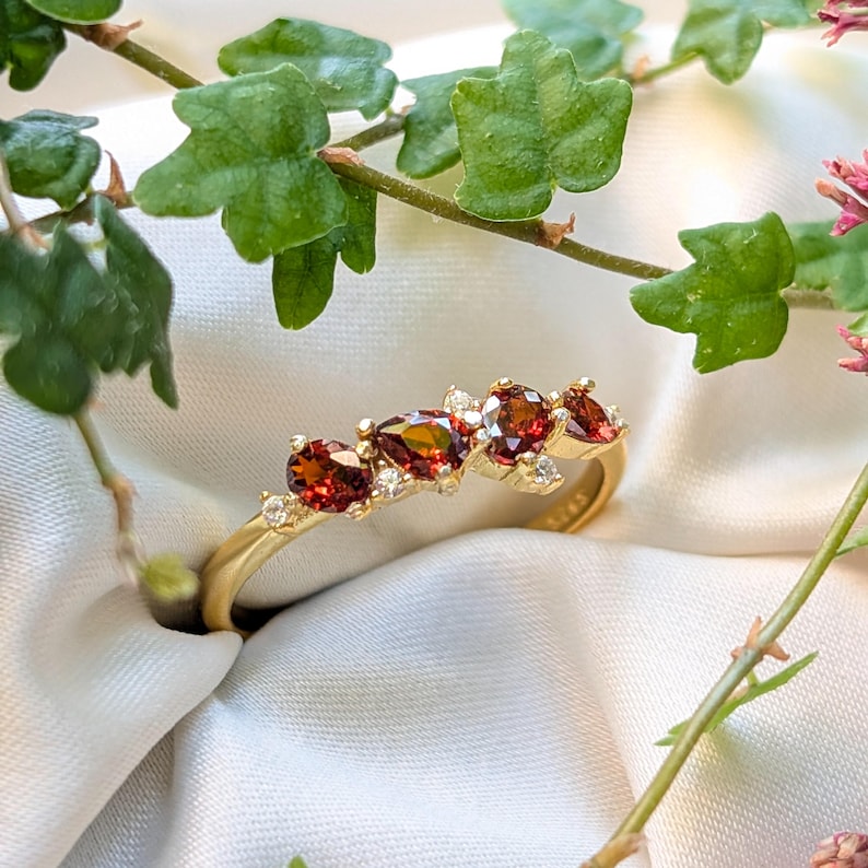 Garnet Cluster Band, 4 Stone Deep Red Garnet Ring in Silver, Yellow ...