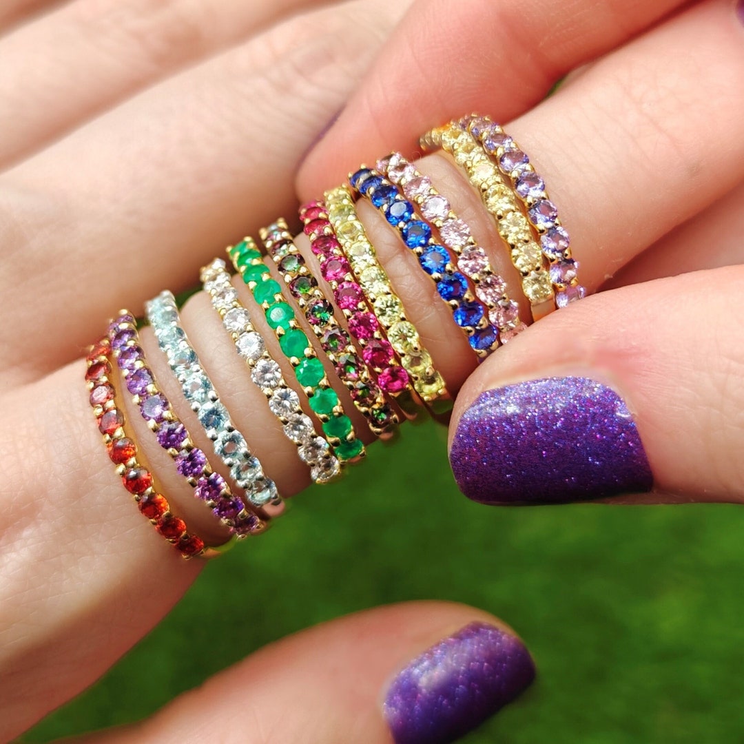 Birthstone Half Eternity Band Ring, Real Gemstone Custom Birthstone ...